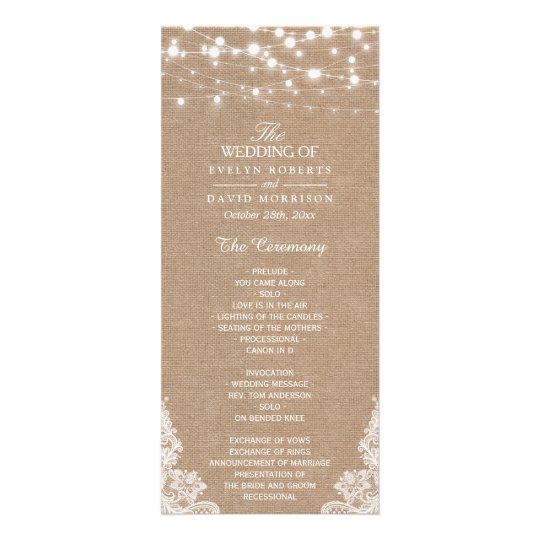 Rustic Burlap String Lights Lace Wedding Program | Zazzle.com