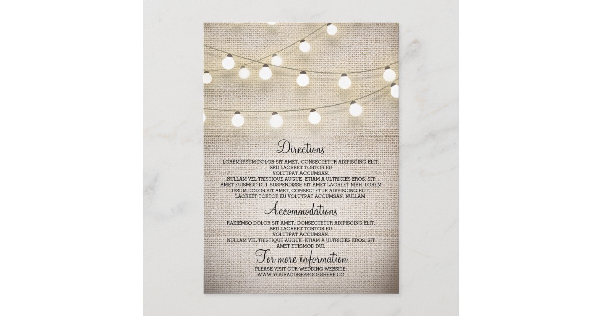 Rustic Burlap String Lights Wedding Details Card | Zazzle
