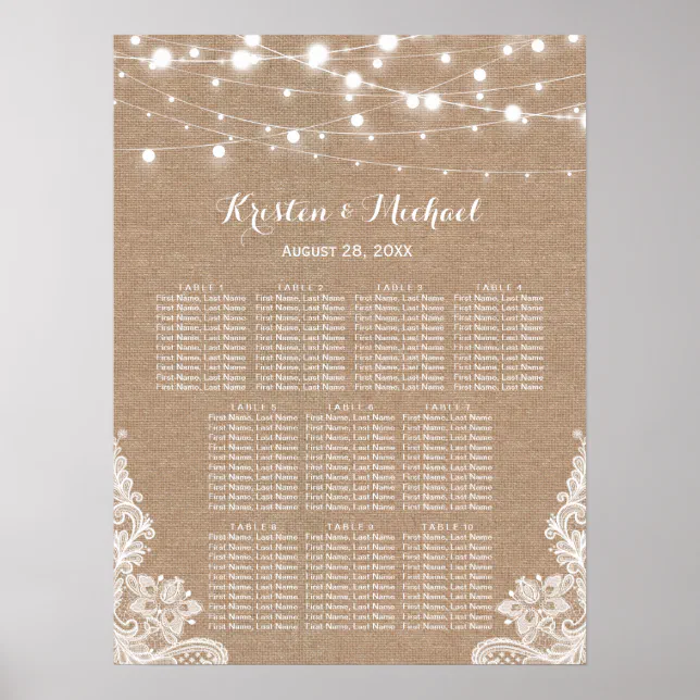 Rustic Burlap String Lights Wedding Seating Chart | Zazzle