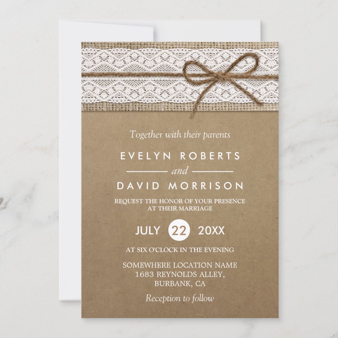 Rustic Burlap String Tied in a Bow Lace Wedding Invitation | Zazzle