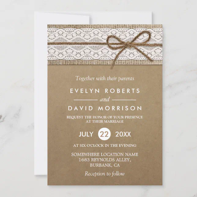 Rustic Burlap String Tied in a Bow Lace Wedding Invitation | Zazzle