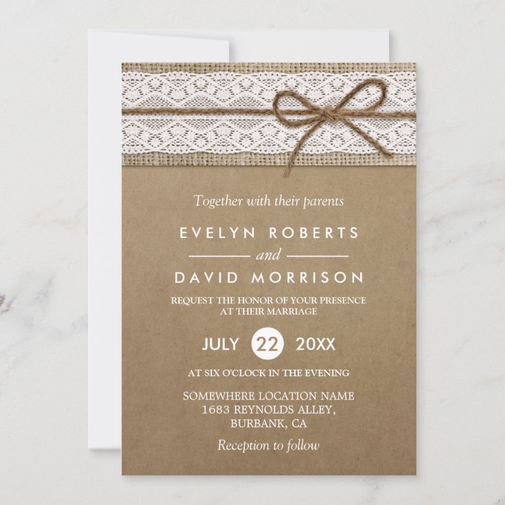 Rustic Burlap String Tied in a Bow Lace Wedding Invitation | Zazzle