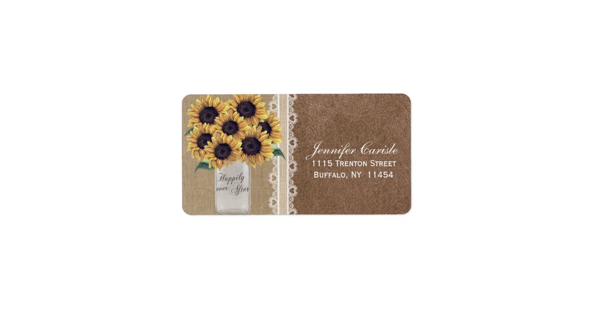 Rustic Burlap Sunflower Country Mason Jar Wedding Label | Zazzle