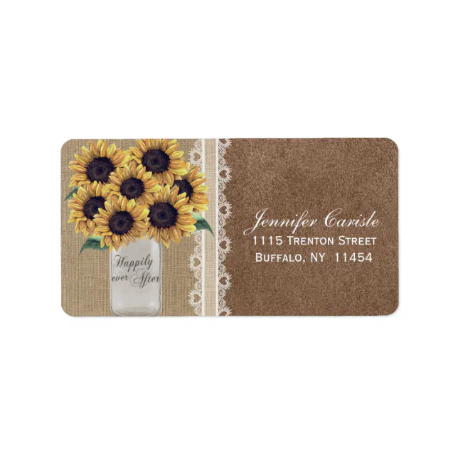 Rustic Burlap Sunflower Country Mason Jar Wedding Label | Zazzle