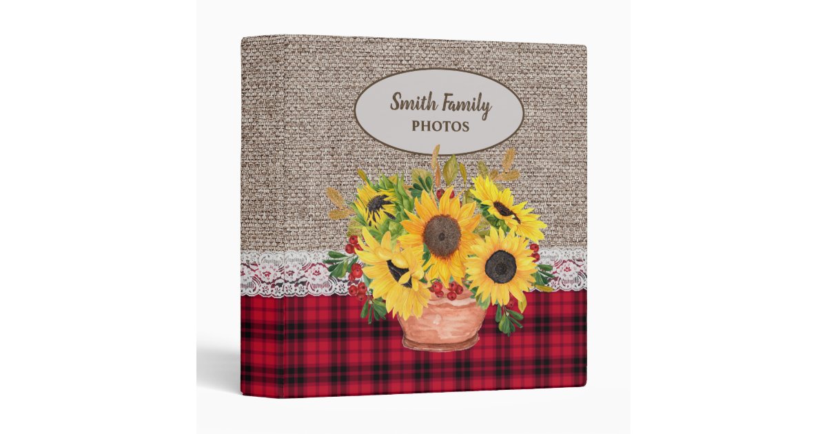 Rustic Burlap Sunflowers Buffalo Plaid Photo 3 Ring Binder | Zazzle