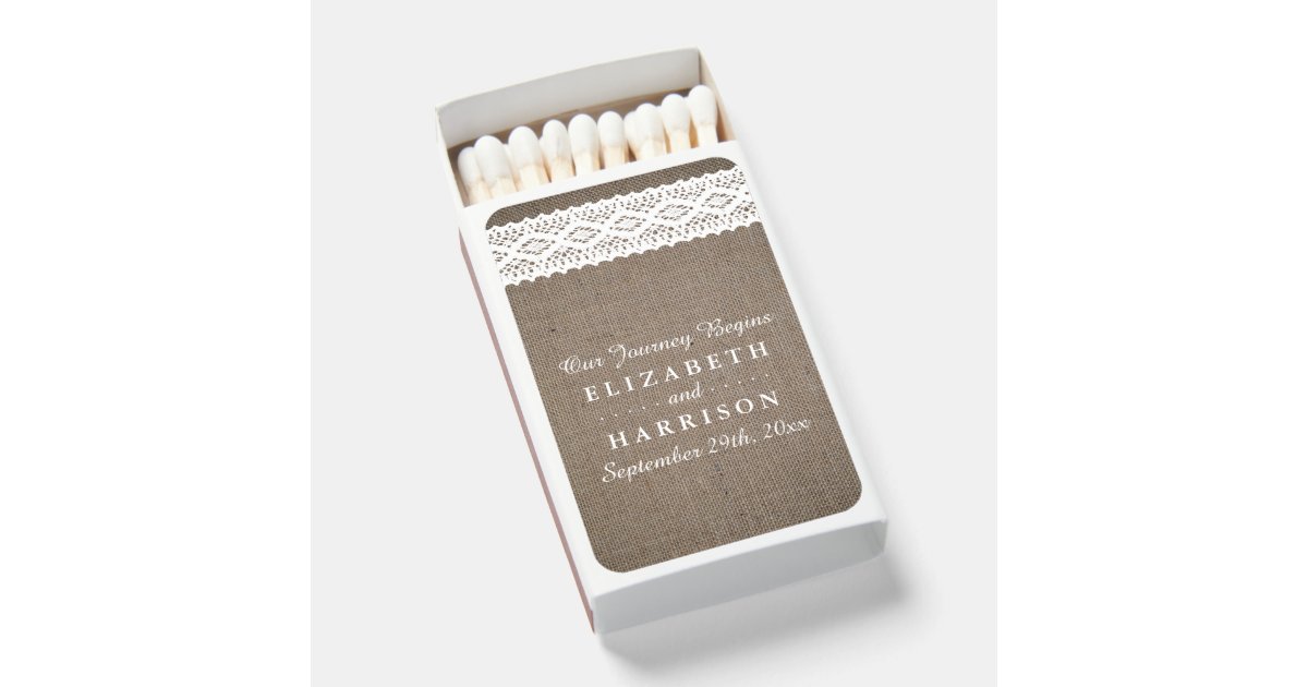 Rustic Burlap & Vintage White Lace Wedding Matchboxes | Zazzle