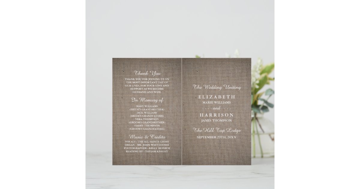 Rustic Burlap Wedding Bi-fold Program Template | Zazzle