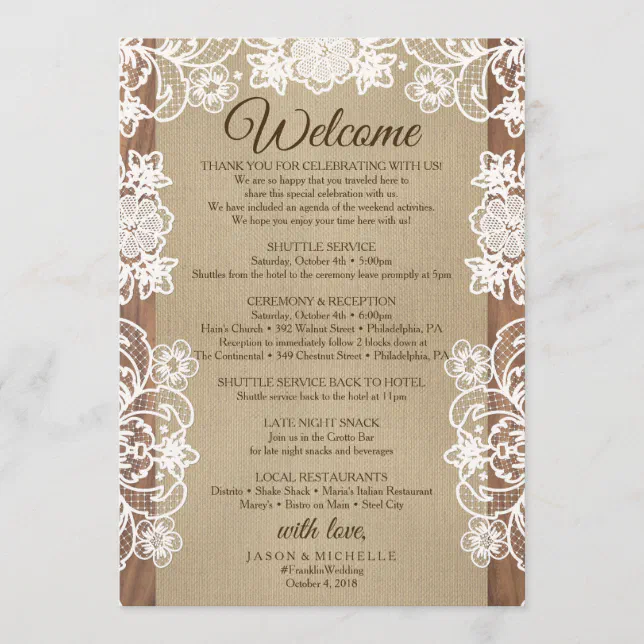 Rustic Burlap Wedding Itinerary - Wedding Welcome Program | Zazzle