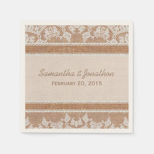 Rustic Burlap & White Lace Wedding Paper Napkins | Zazzle