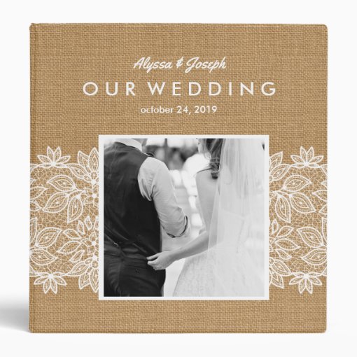 Rustic Burlap with Lace and Wedding Photo Binder | Zazzle