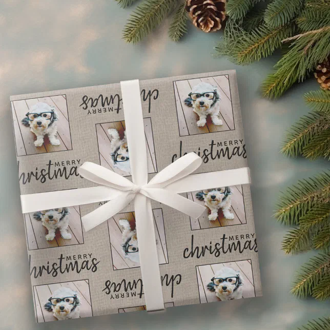 Rustic Burlap with one square photo Wrapping Paper | Zazzle