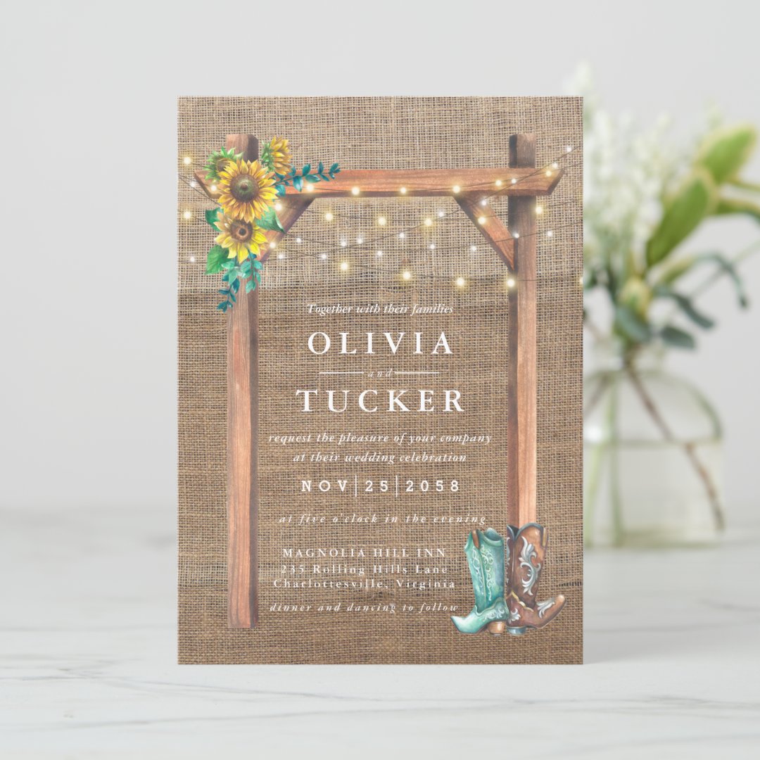 Rustic Burlap Wood Country Sunflower Wedding Invitation | Zazzle