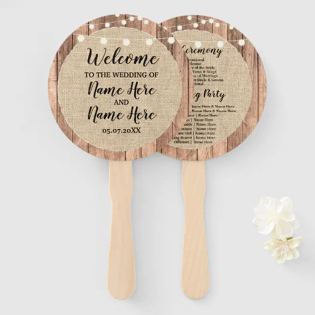 Rustic Burlap Wood Lights Wedding Programme Fan | Zazzle