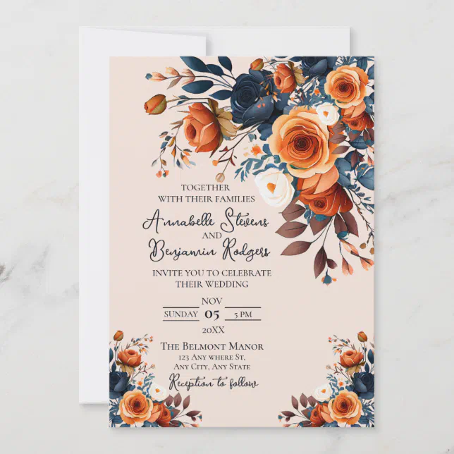 Rustic Burnt Orange and Blue Wedding Invitation | Zazzle