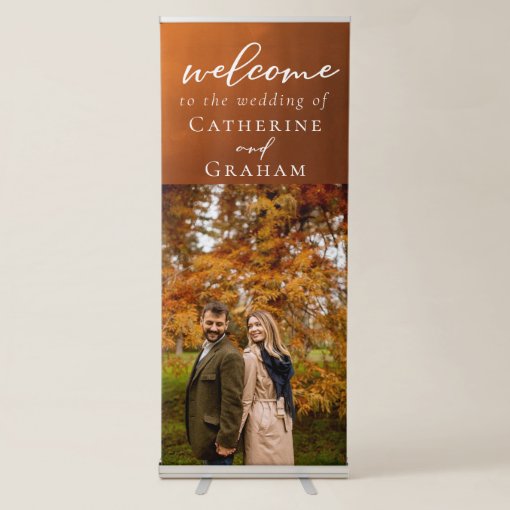 Rustic Burnt Orange Couple Photo Autumn Wedding Retractable Banner | Zazzle
