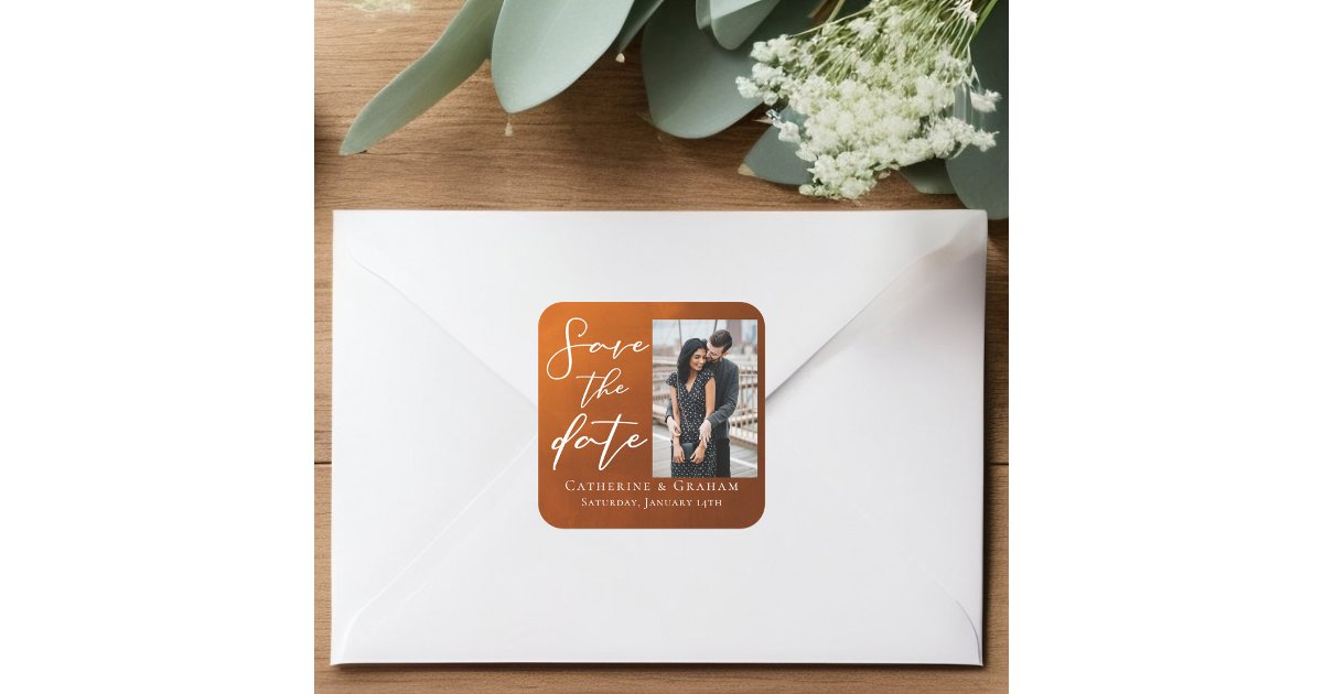 Rustic Burnt Orange Couple Photo Save the Date Square Sticker | Zazzle