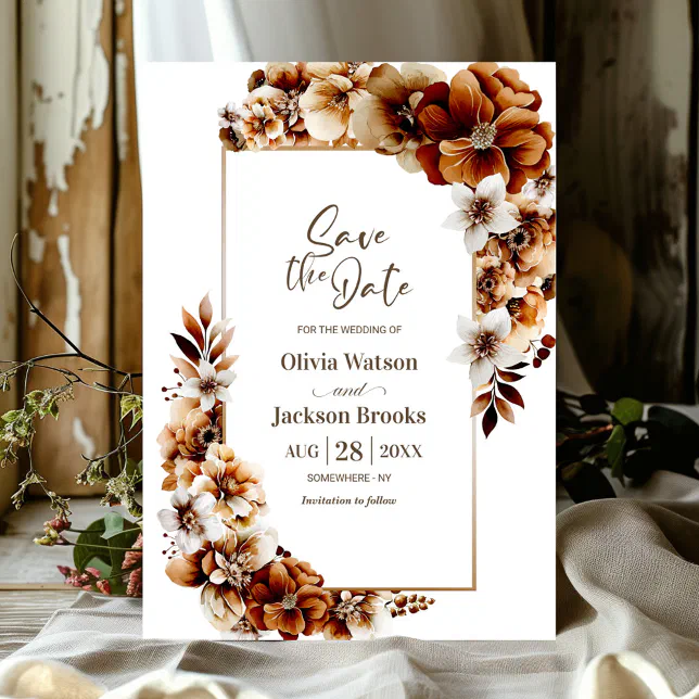 Rustic Burnt Orange Floral Wedding Save the Date | Zazzle