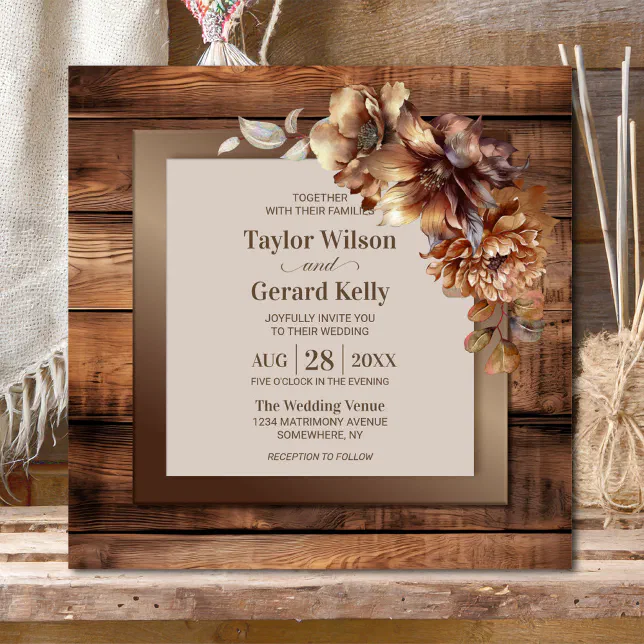 Rustic Burnt Orange Floral Wood Wedding Invitation | Zazzle