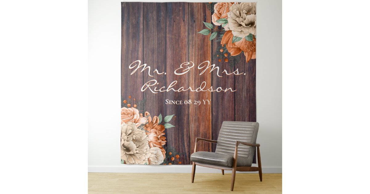 Rustic Burnt Orange Florals Photo Backdrop Wedding | Zazzle