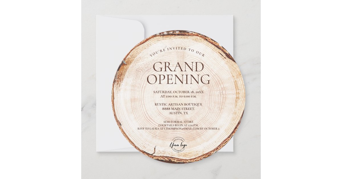 Rustic Business logo Grand opening Wood theme Invitation | Zazzle