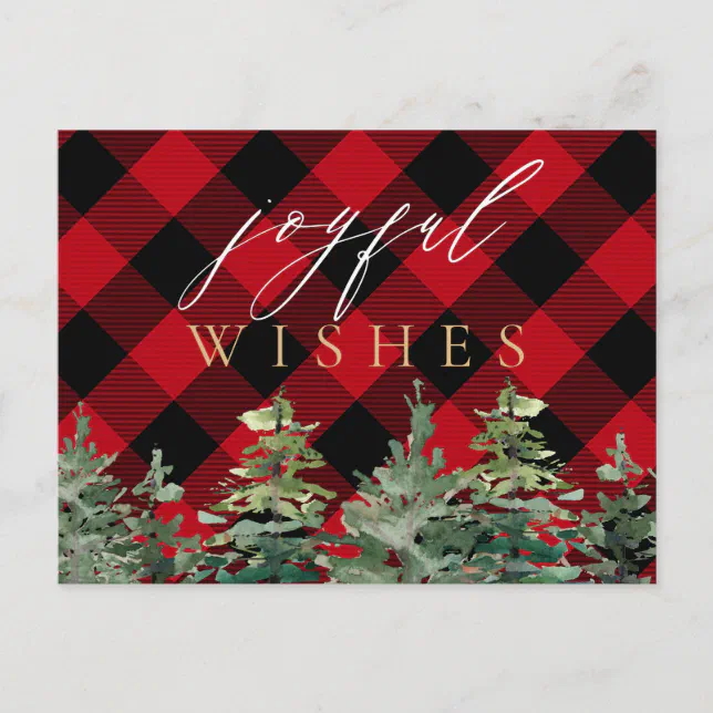 Rustic Cabin Buffalo Check Christmas Joyful Postcard | Zazzle