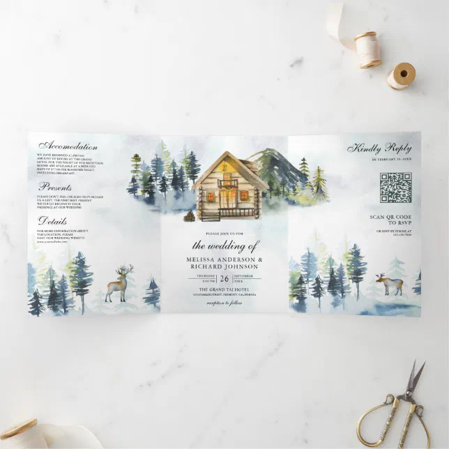Rustic Cabin Lodge Mountain Forest QR Code Wedding Tri-Fold Invitation ...