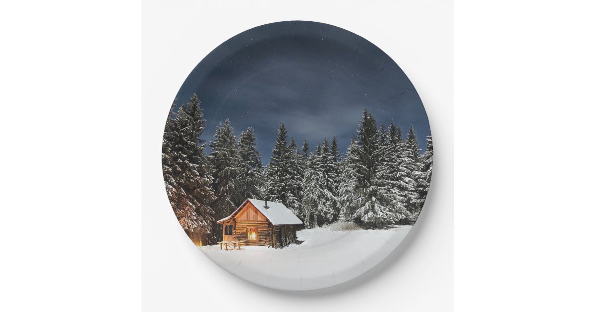 Rustic Cabin Snow Winter Paper Plates | Zazzle