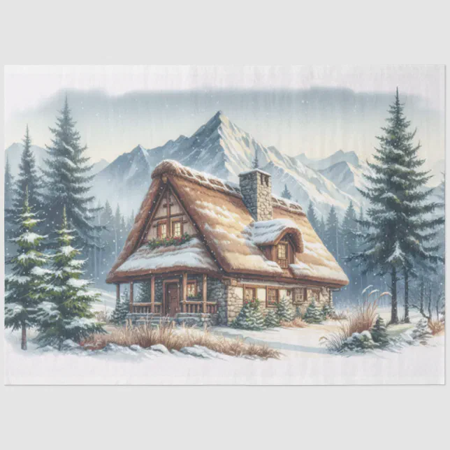 Rustic Cabin Winter Watercolor Decoupage Tissue Paper | Zazzle