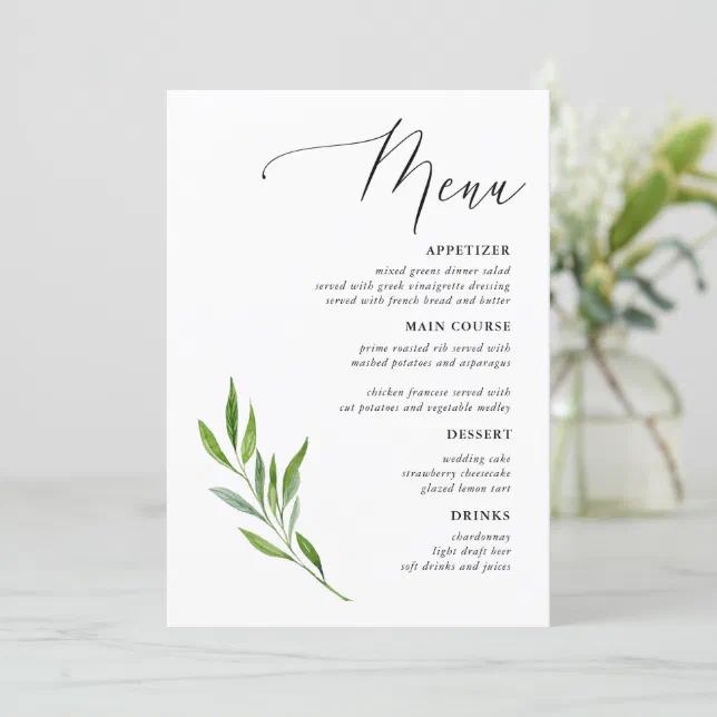 Rustic Calligraphy Greenery Wedding Menus | Zazzle