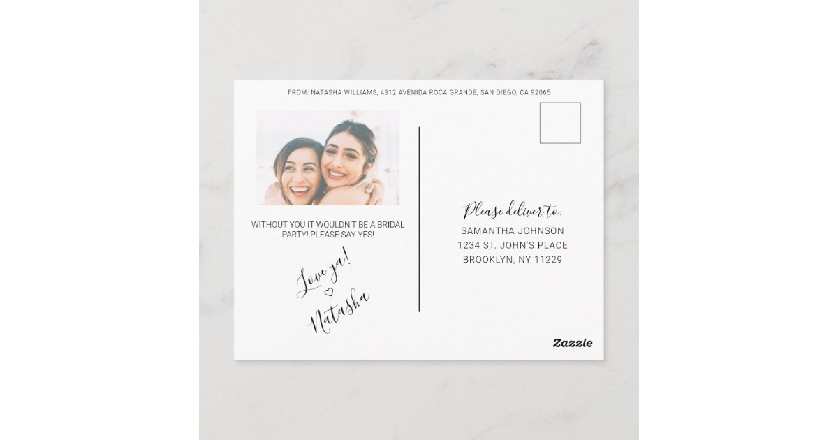 Rustic Calligraphy Photo Bridesmaid Proposal Postcard | Zazzle