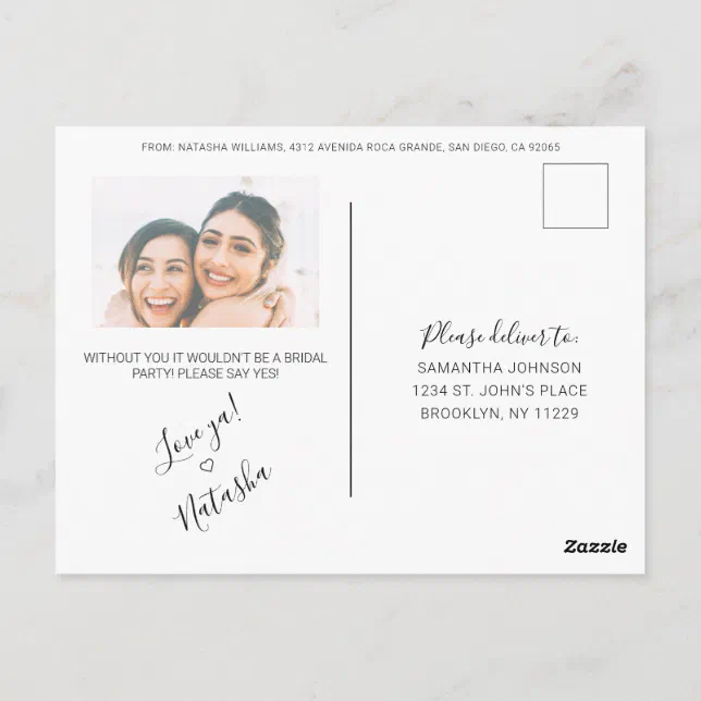 Rustic Calligraphy Photo Bridesmaid Proposal Postcard | Zazzle