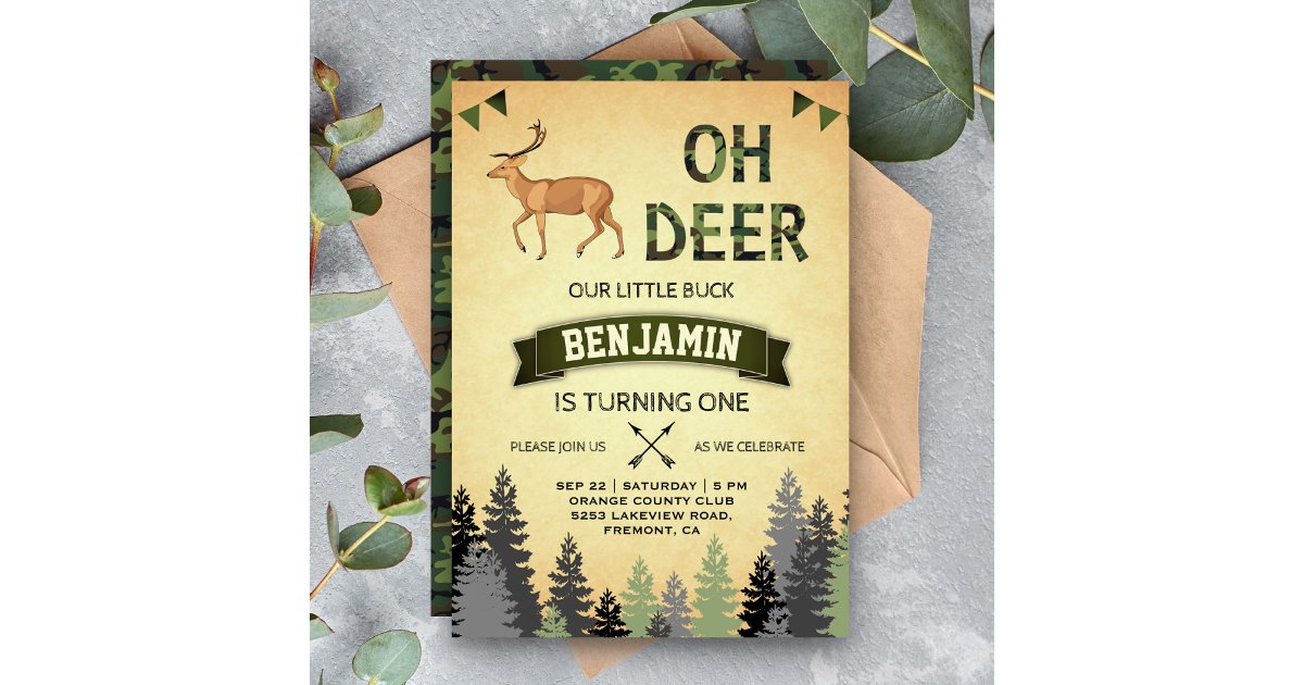 Rustic Camo Deer Hunting First Birthday Invitation | Zazzle