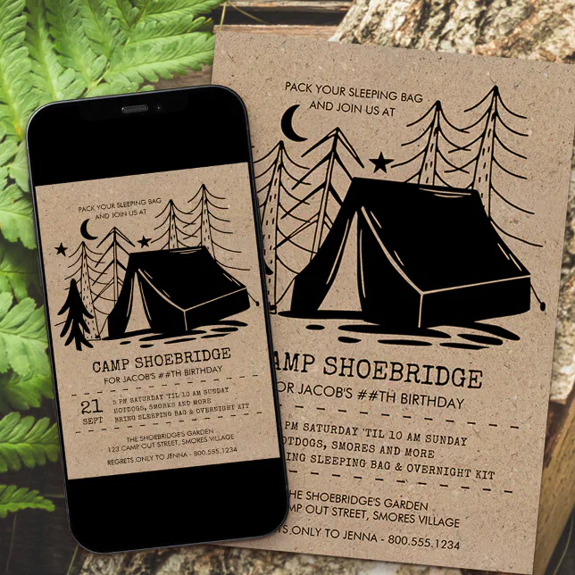 Rustic Camp Out Doodle Art Camping Birthday Invitation | Zazzle