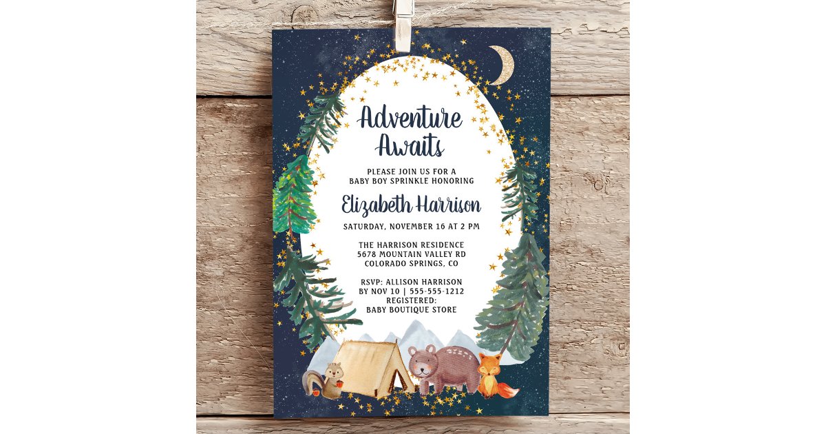 Rustic Camping Adventure Night Sky Baby Sprinkle Invitation | Zazzle