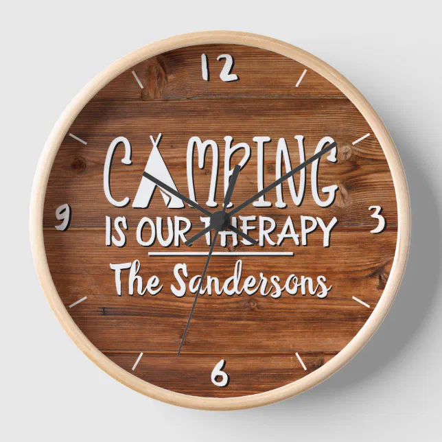 Rustic Camping is Our Therapy Tent Family Name Clock | Zazzle