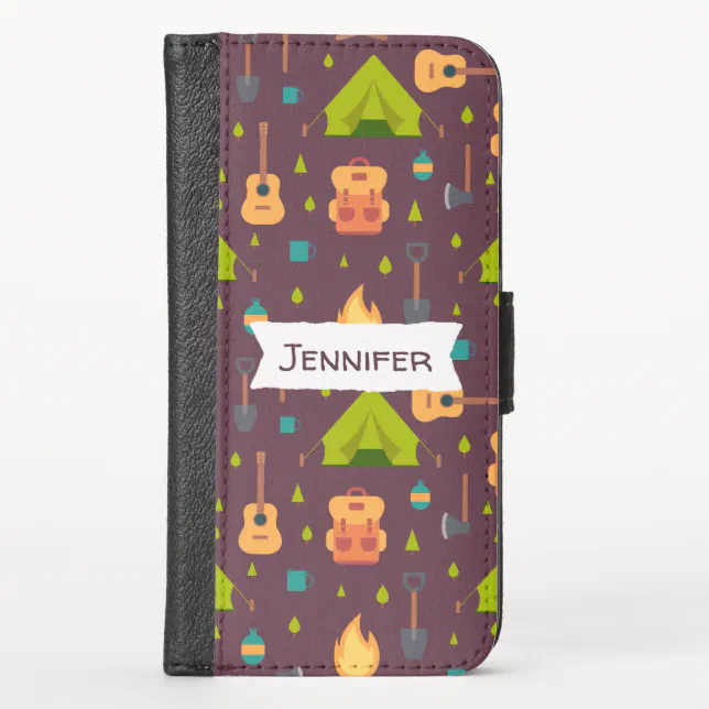 Rustic Camping Pattern Tents and Guitars iPhone Wallet Case | Zazzle