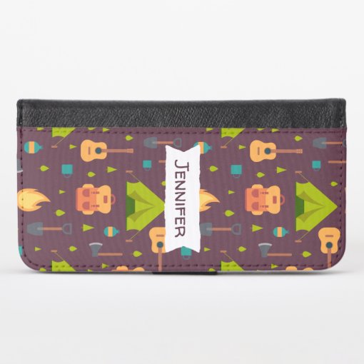 Rustic Camping Pattern Tents and Guitars iPhone Wallet Case | Zazzle