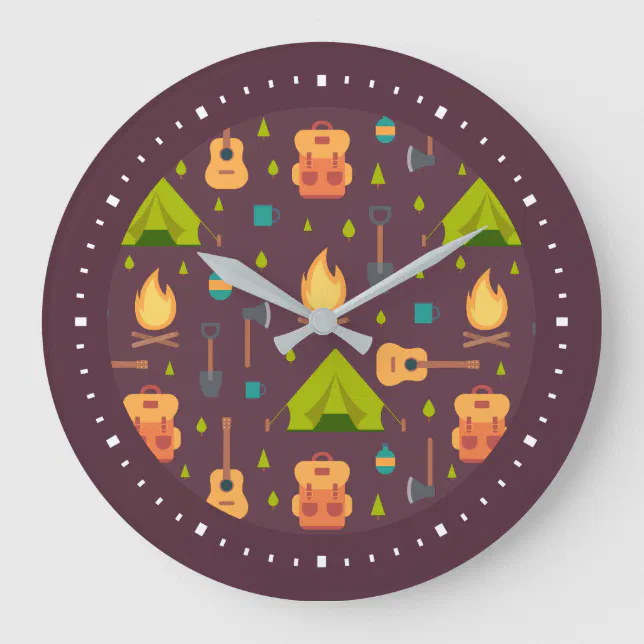 Rustic Camping Pattern Tents and Guitars Large Clock | Zazzle