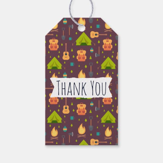 Rustic Camping Pattern Tents and Guitars Thank You Gift Tags | Zazzle.com