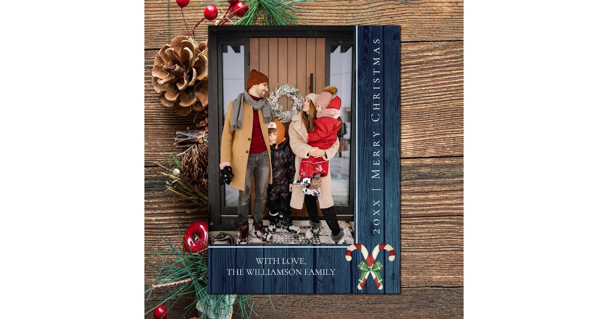 Rustic Candy Canes Christmas | Blue Photo Card | Zazzle
