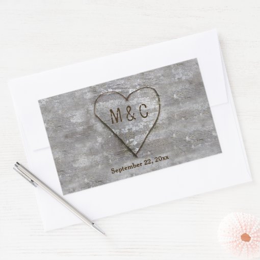 Rustic Carved Birch Heart Monogram Rectangular Sticker | Zazzle