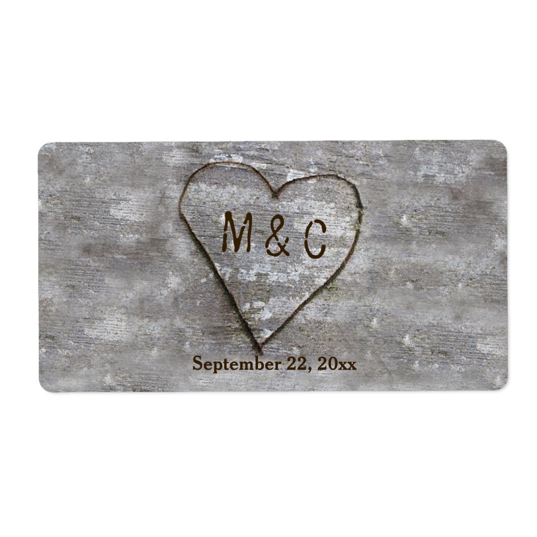 Rustic Carved Birch Heart Monogram Water Bottle Label | Zazzle