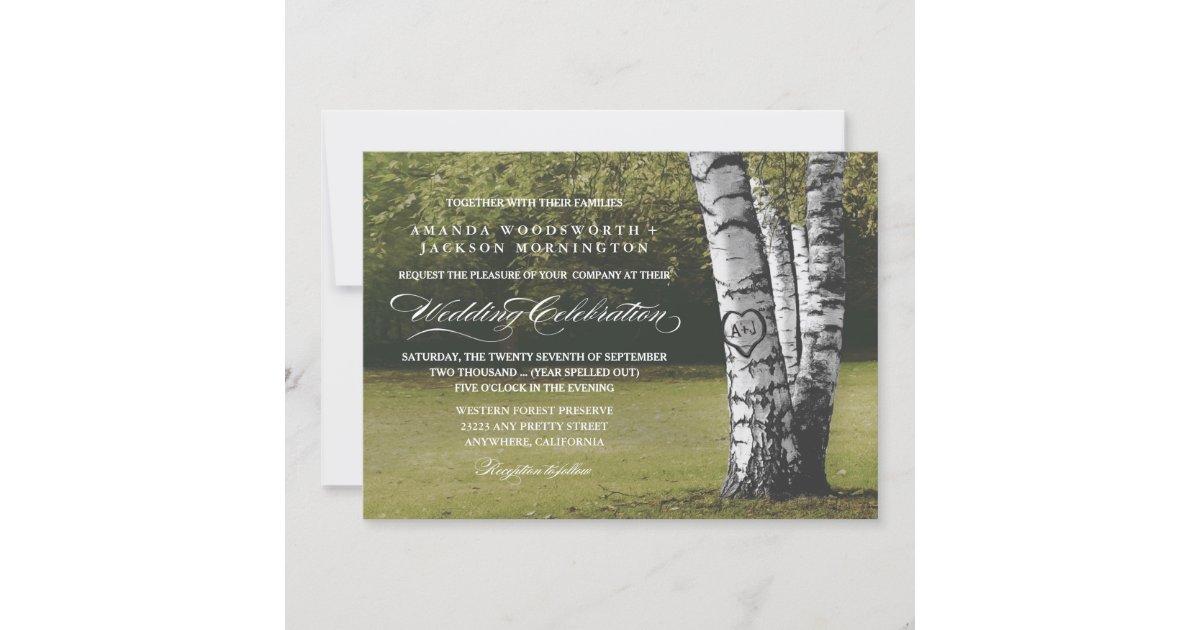 Rustic Carved Heart Birch Tree Wedding Invitations | Zazzle