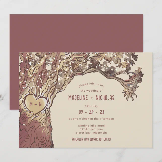Rustic Carved Heart Oak Tree Wedding Invitation | Zazzle