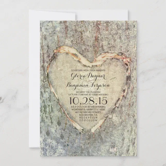 rustic carved heart tree vintage wedding invitation | Zazzle