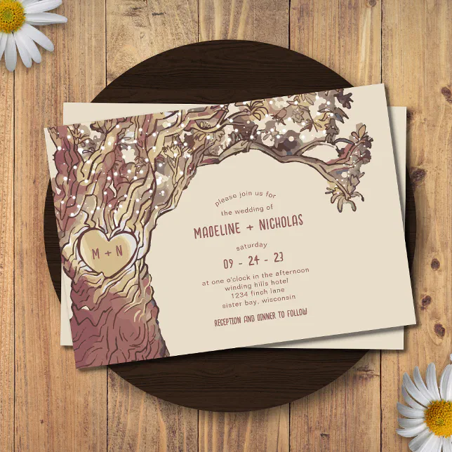 Rustic Carved Heart Tree Wedding Invitation | Zazzle