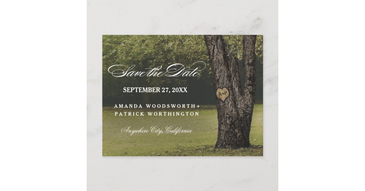 Rustic Carved Oak Tree Country Save The Date Announcement Postcard | Zazzle