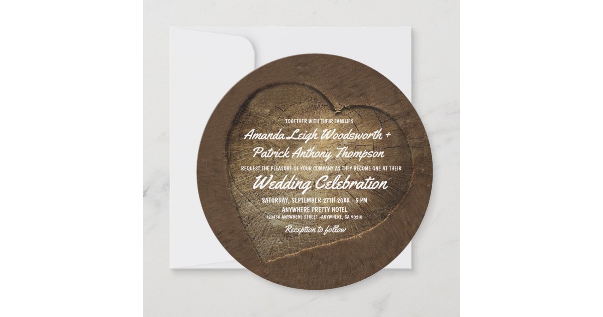 Rustic Carved Tree Slice Wedding Invitations | Zazzle