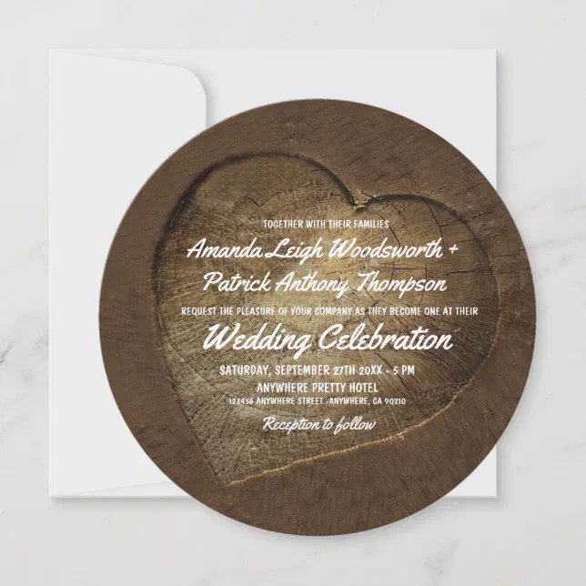 Rustic Carved Tree Slice Wedding Invitations | Zazzle