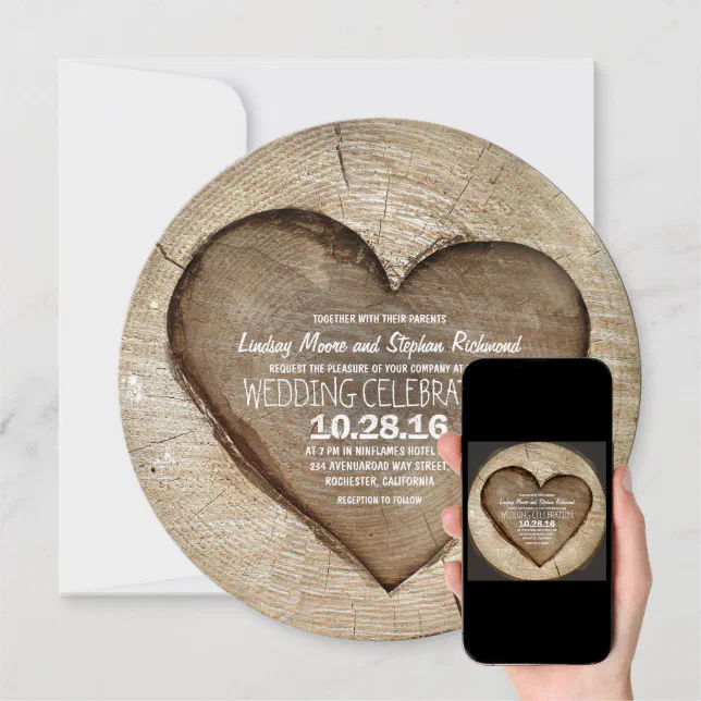 Rustic carved tree wood heart wedding invitation | Zazzle